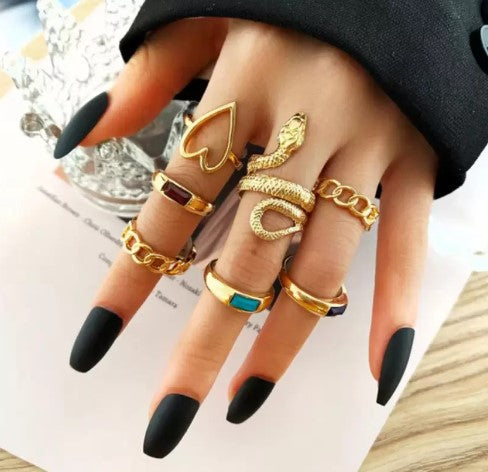 Snake Heart 7 pc Finger Ring Combo Set